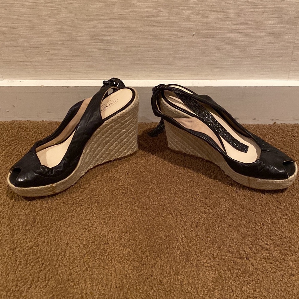 Coach Wedge Sandals. Open Toe. Black Leather. Sparkle… - Gem